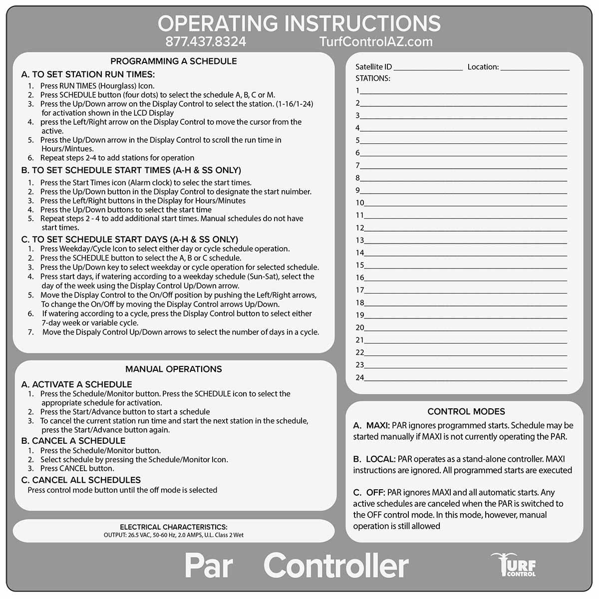 PAR 16/24 Controller Instruction Label | Turf Control